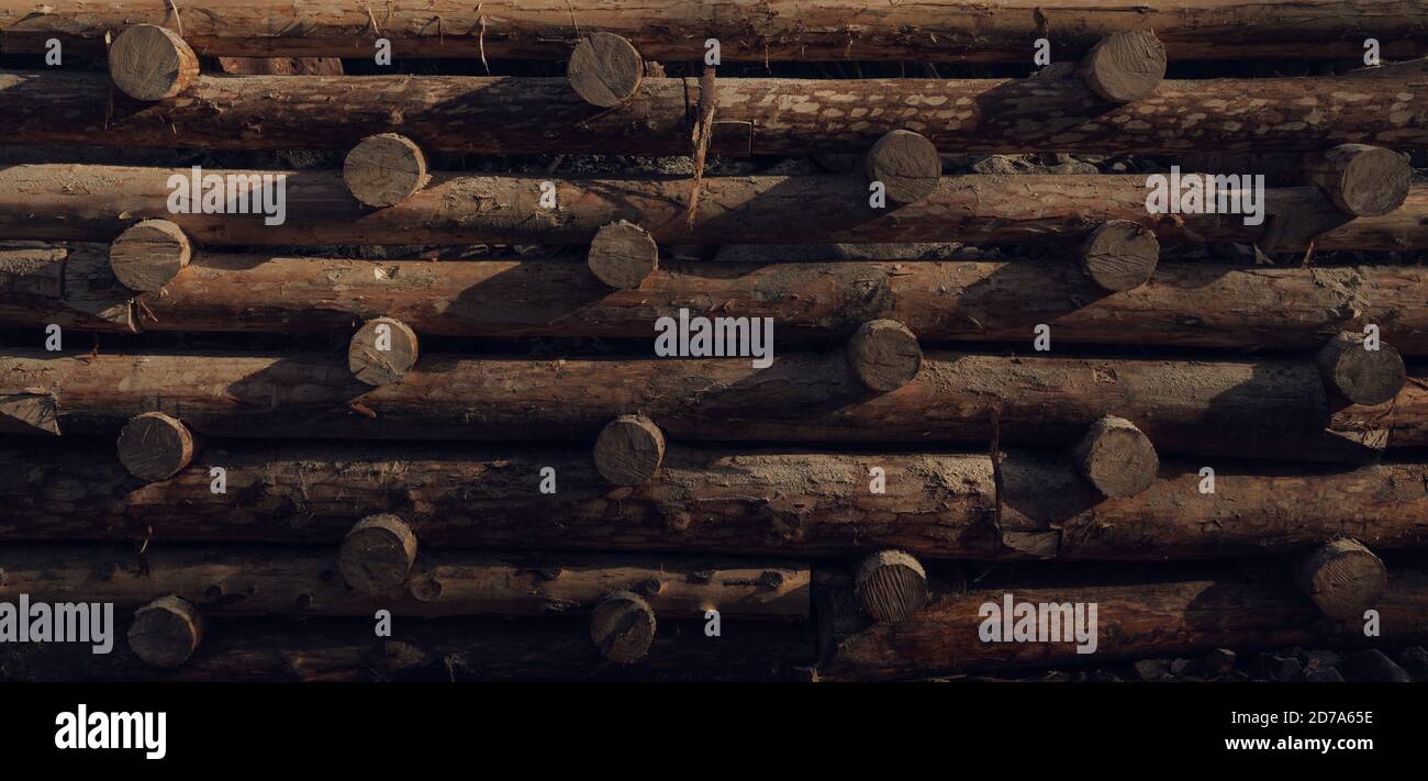 Retaining Wall made of stacked raw wooden logs Stock Photo - Alamy