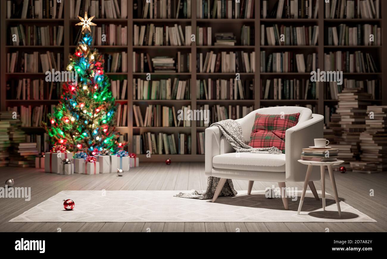 Christmas tree with gifts and reading chair with decorative pillow and ...