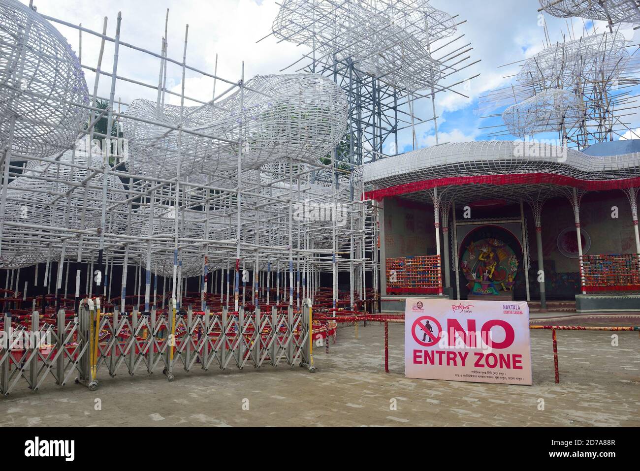 A No entry sign is seen put up infront of Durga Puja Pandals in Kolkata ...