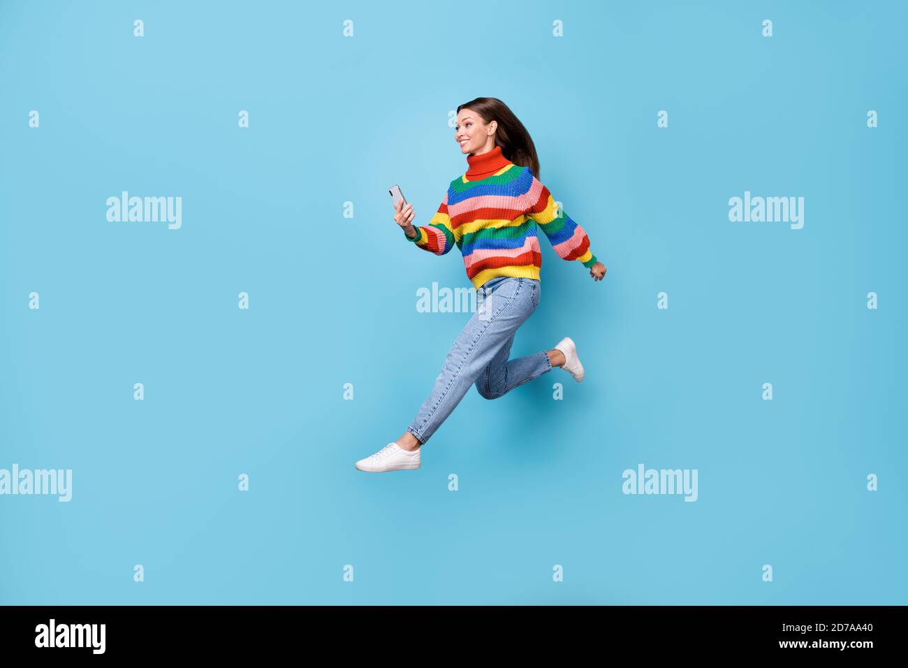 Full length body size profile side view of her she nice attractive ...