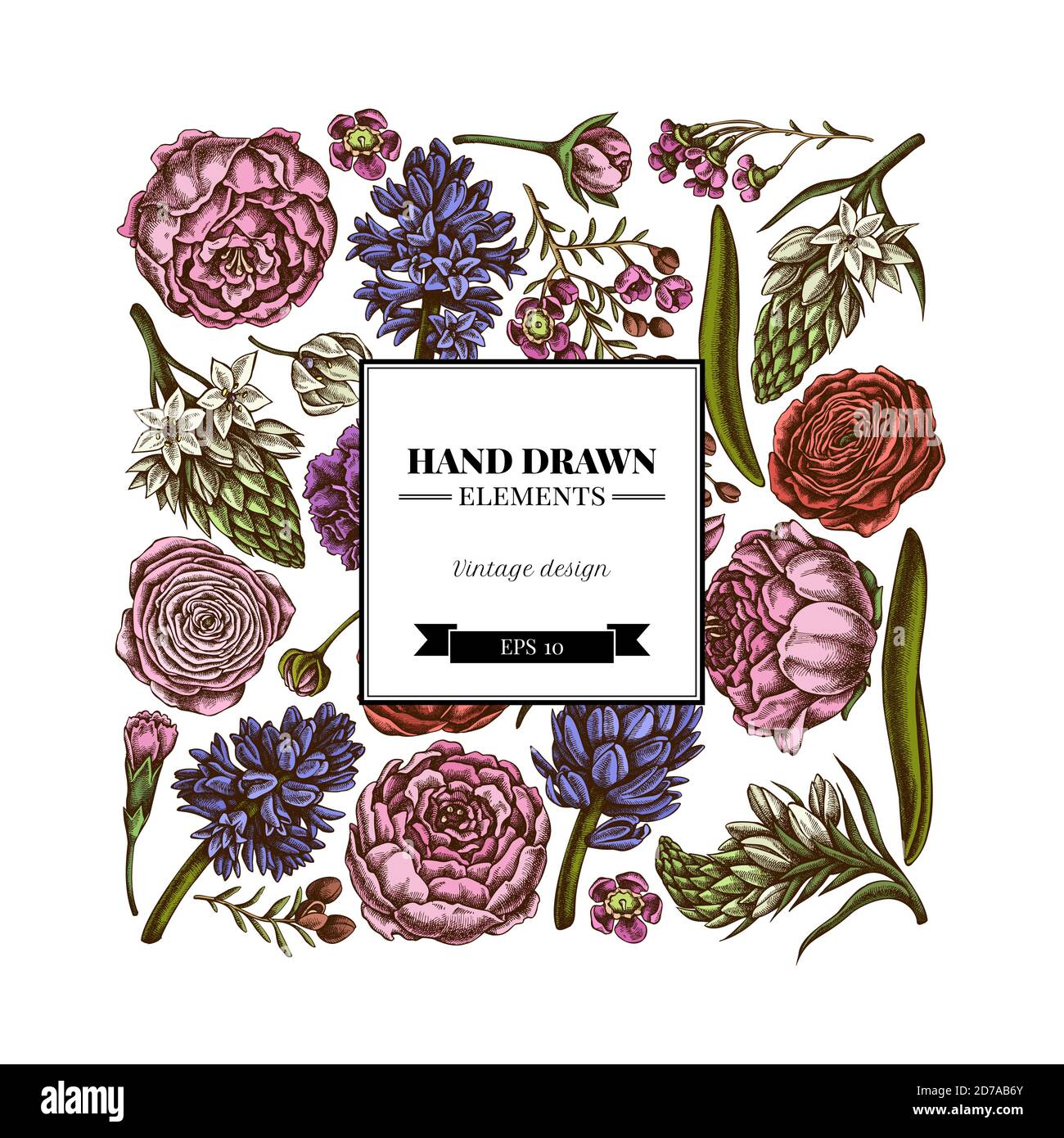 Square floral design with colored peony, carnation, ranunculus, wax ...