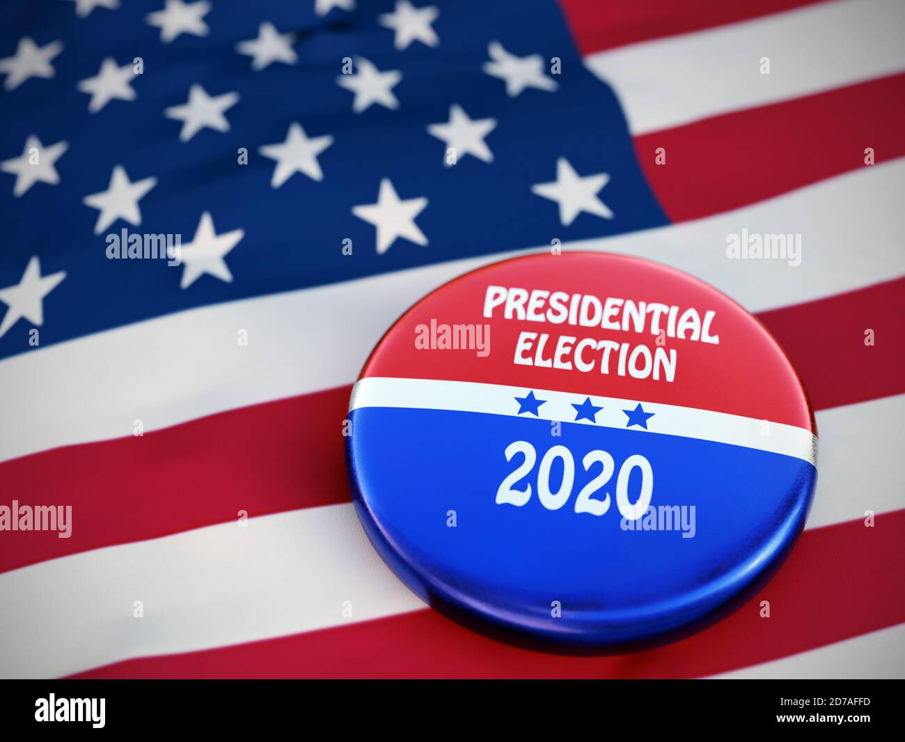 3D rendering of Presidential election vote button placed on USA flag ...