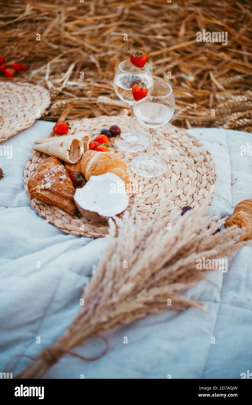 Top view of delicious food . fruit,bread ,croissants,melon on a pallet ...