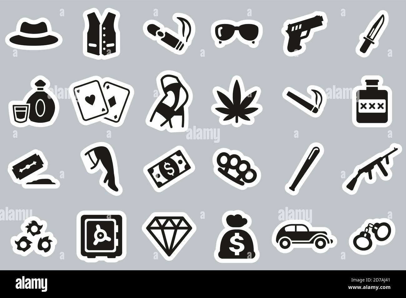 Gangster Lifestyle Icons Black & White Sticker Set Big Stock Vector ...