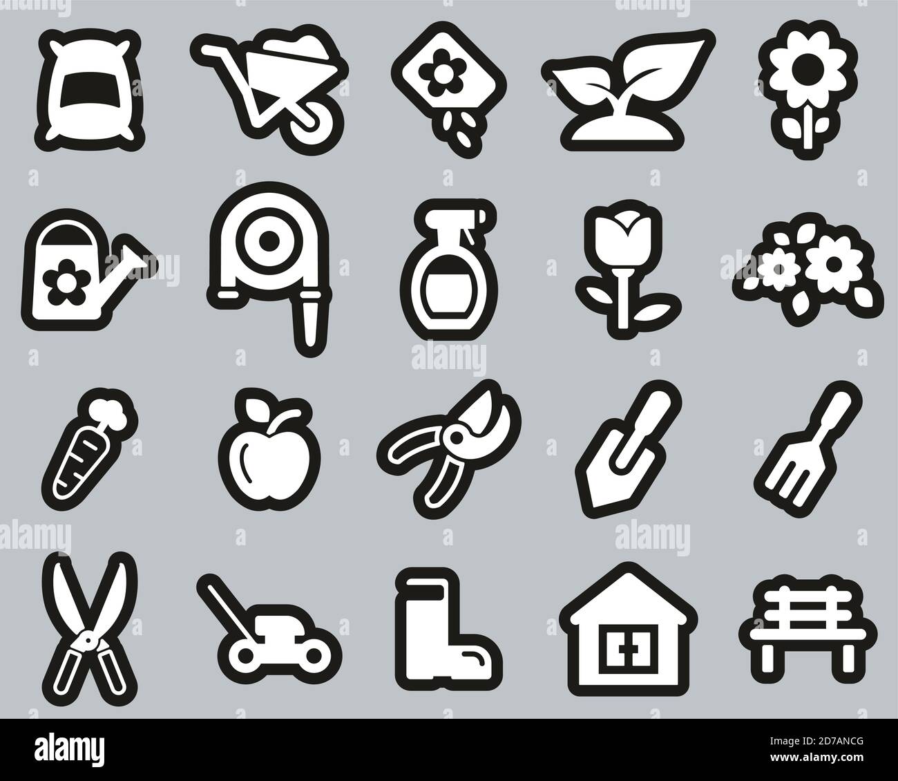 Gardening & Gardening Tools Icons White On Black Sticker Set Big Stock ...