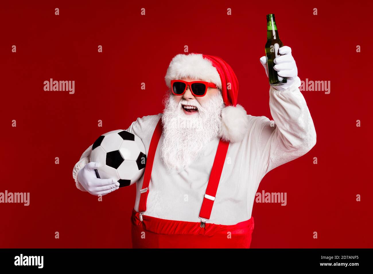 Close-up portrait of his he attractive cheerful fat white-haired Santa ...