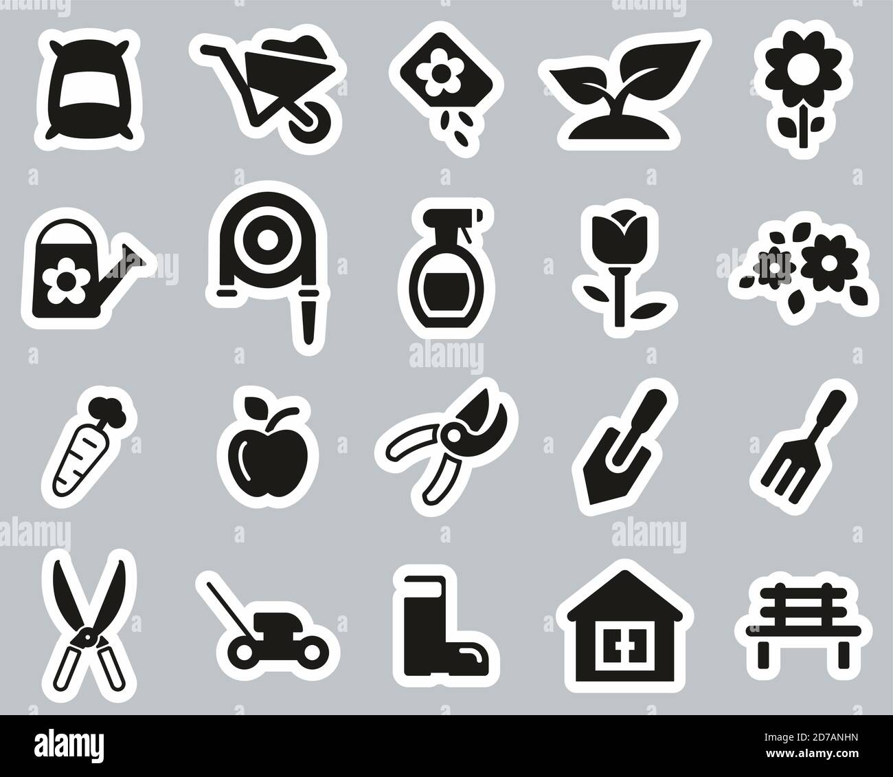 Gardening & Gardening Tools Icons Black & White Sticker Set Big Stock ...