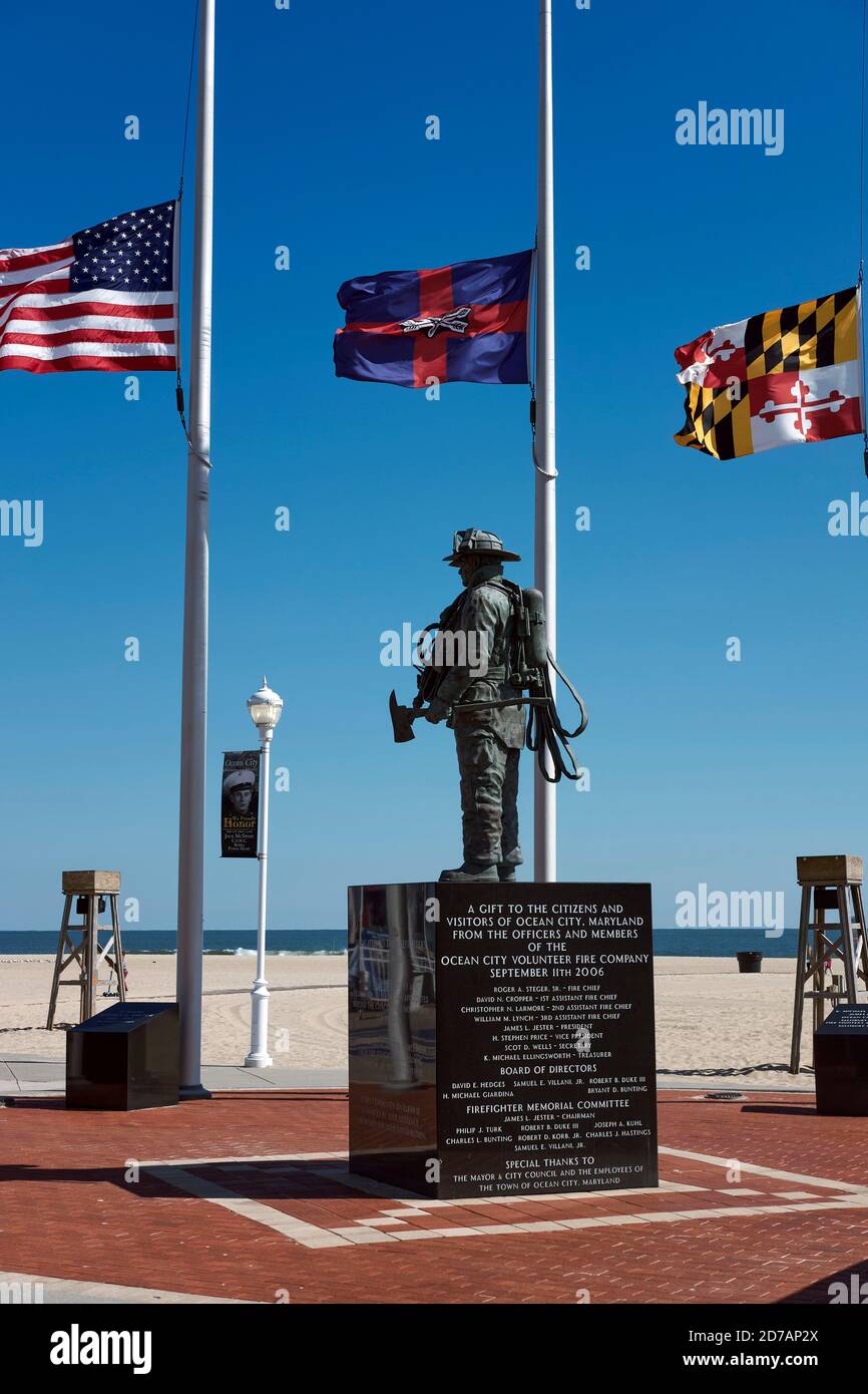 A memorial statue on the boardwalk in Ocean City, MD, honors ...