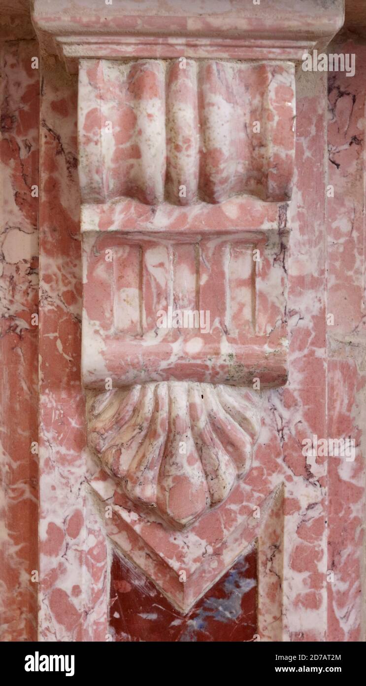 Rare pink marble with detail on side of fireplace with scrolling and ...