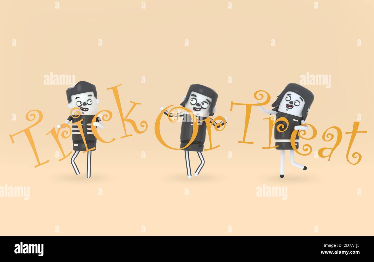 Young people in costumes holding trick or treat halloween letters. 3d ...