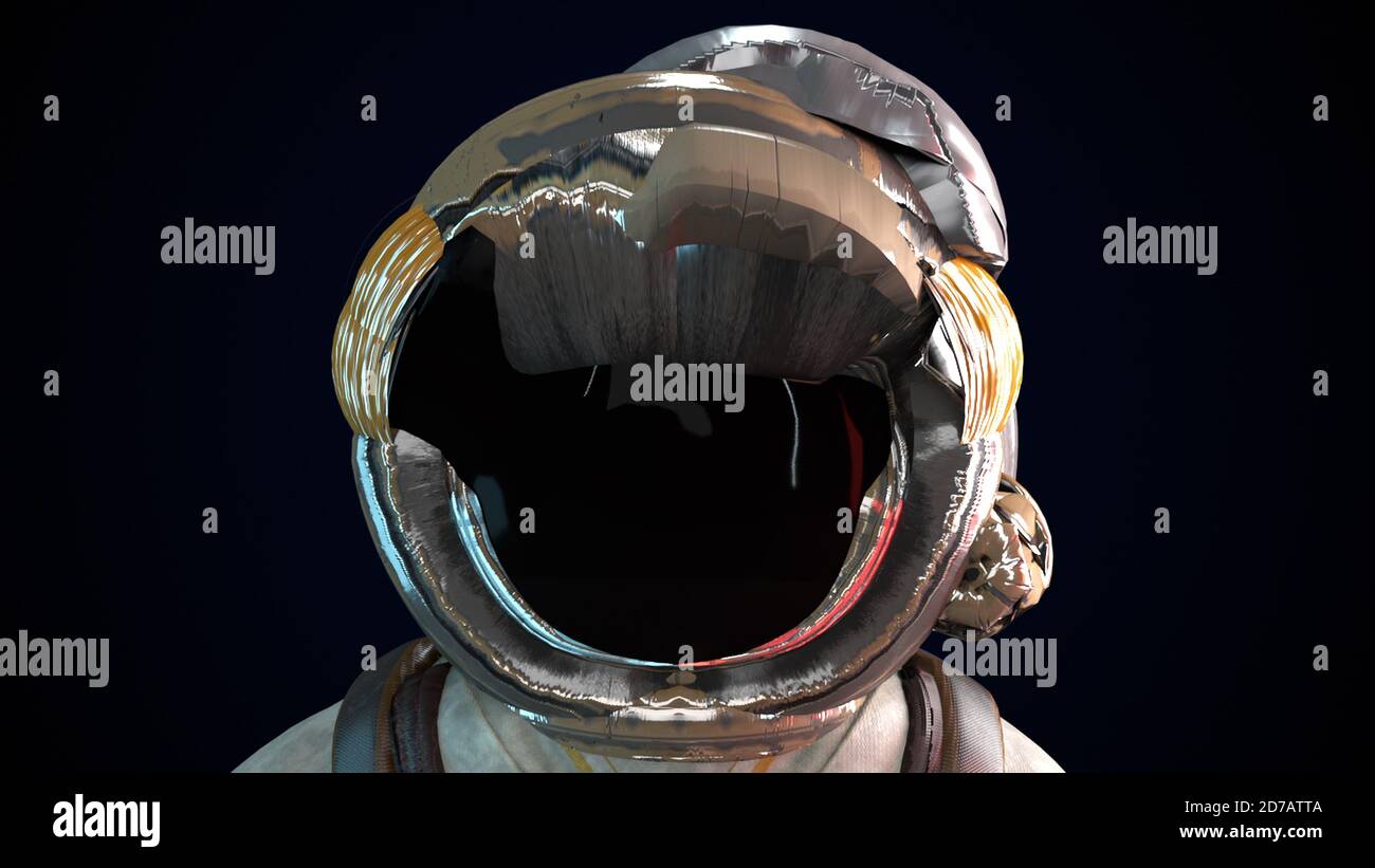 Cosmonaut with distortion helmet in a metal protective spacesuit ...
