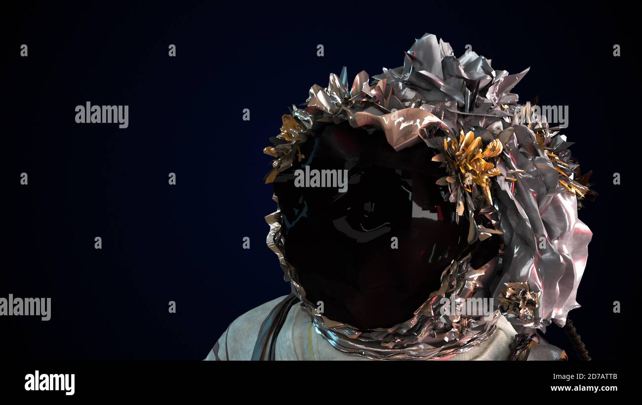 Cosmonaut with distortion helmet in a metal protective spacesuit ...