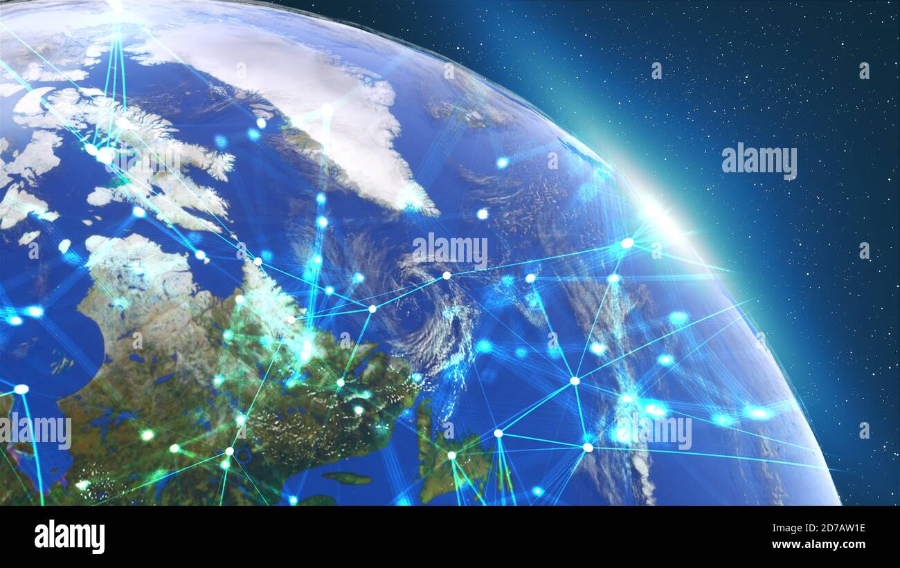 Planet Earth covered grid with thin lines and connection dots. Computer ...
