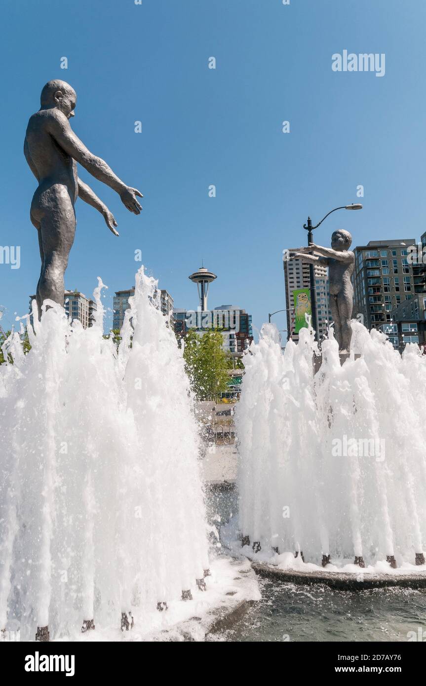 Father and Son sculpture in a fountain in Belltown, Seattle, Washington ...