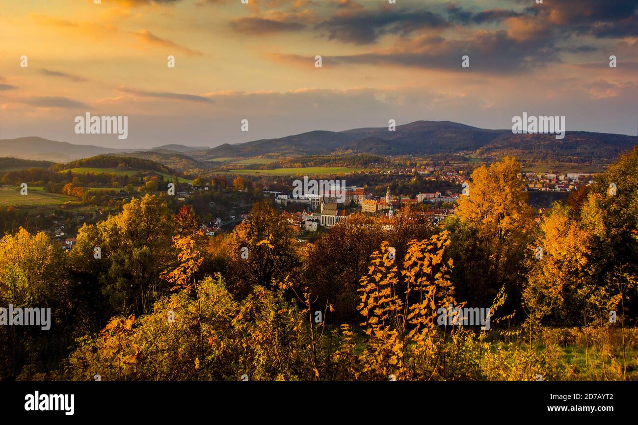 Sunset over the old Town of Cesky Krumlov, Czechia. Autumn evening in ...
