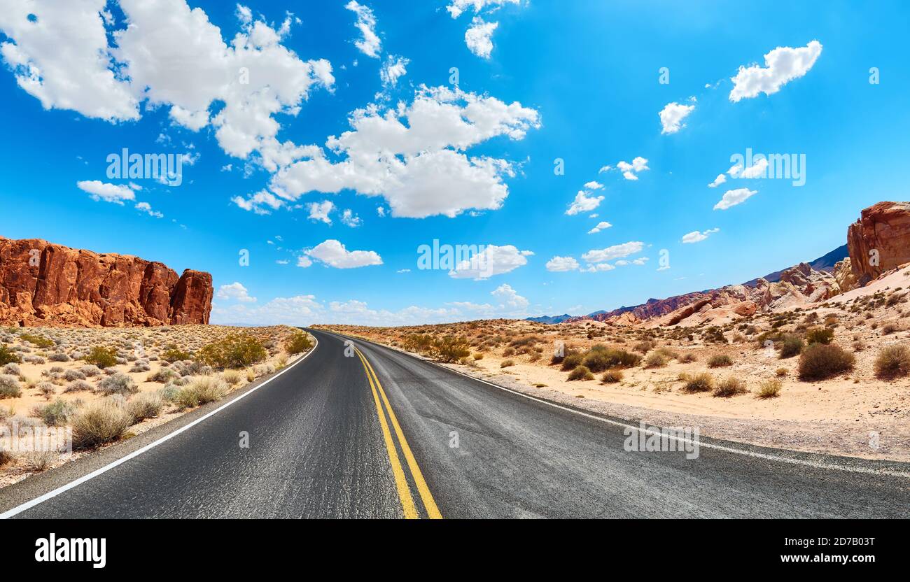 Fisheye lens picture of a scenic road in Valley of Fire State Park ...