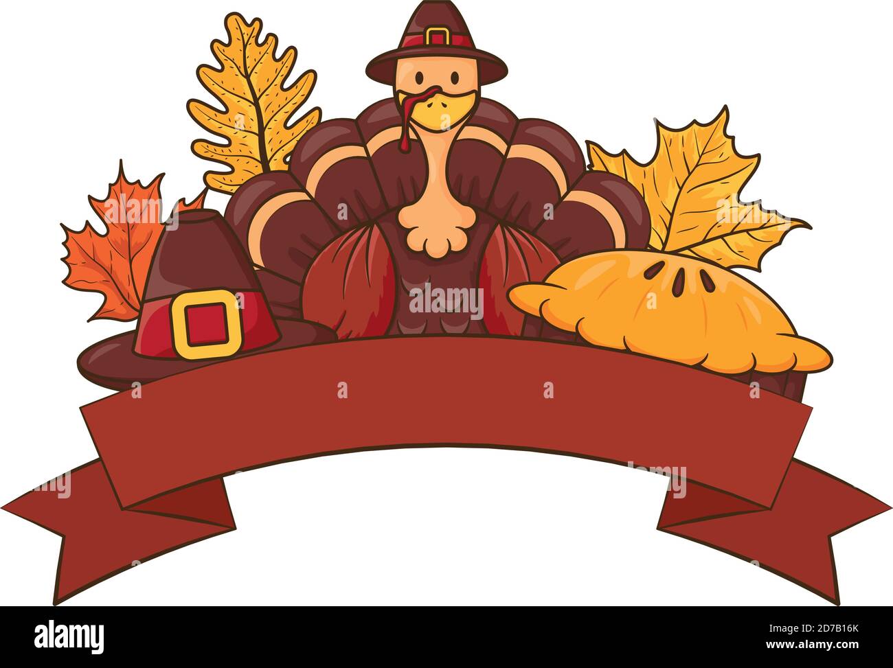 thanksgiving turkey wearing pilgrim hat with leafs and pie vector ...