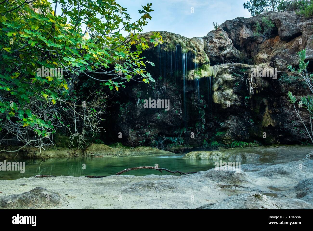 A large beautiful waterfall with a branch Stock Photo - Alamy