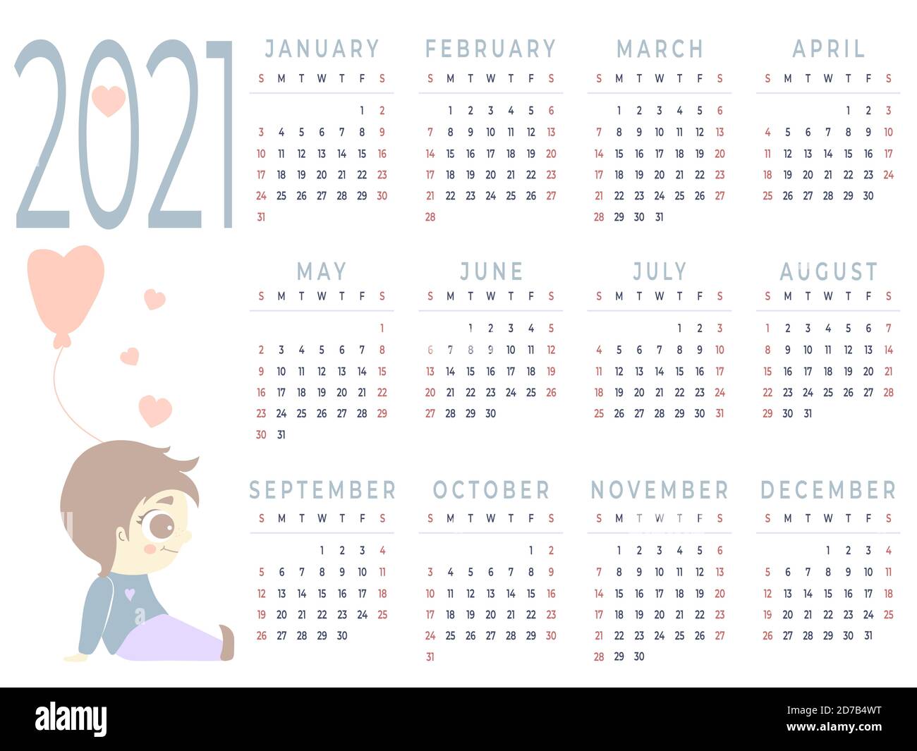 Calendar 2021. Template for a year - 12 months. A cute enamored boy ...