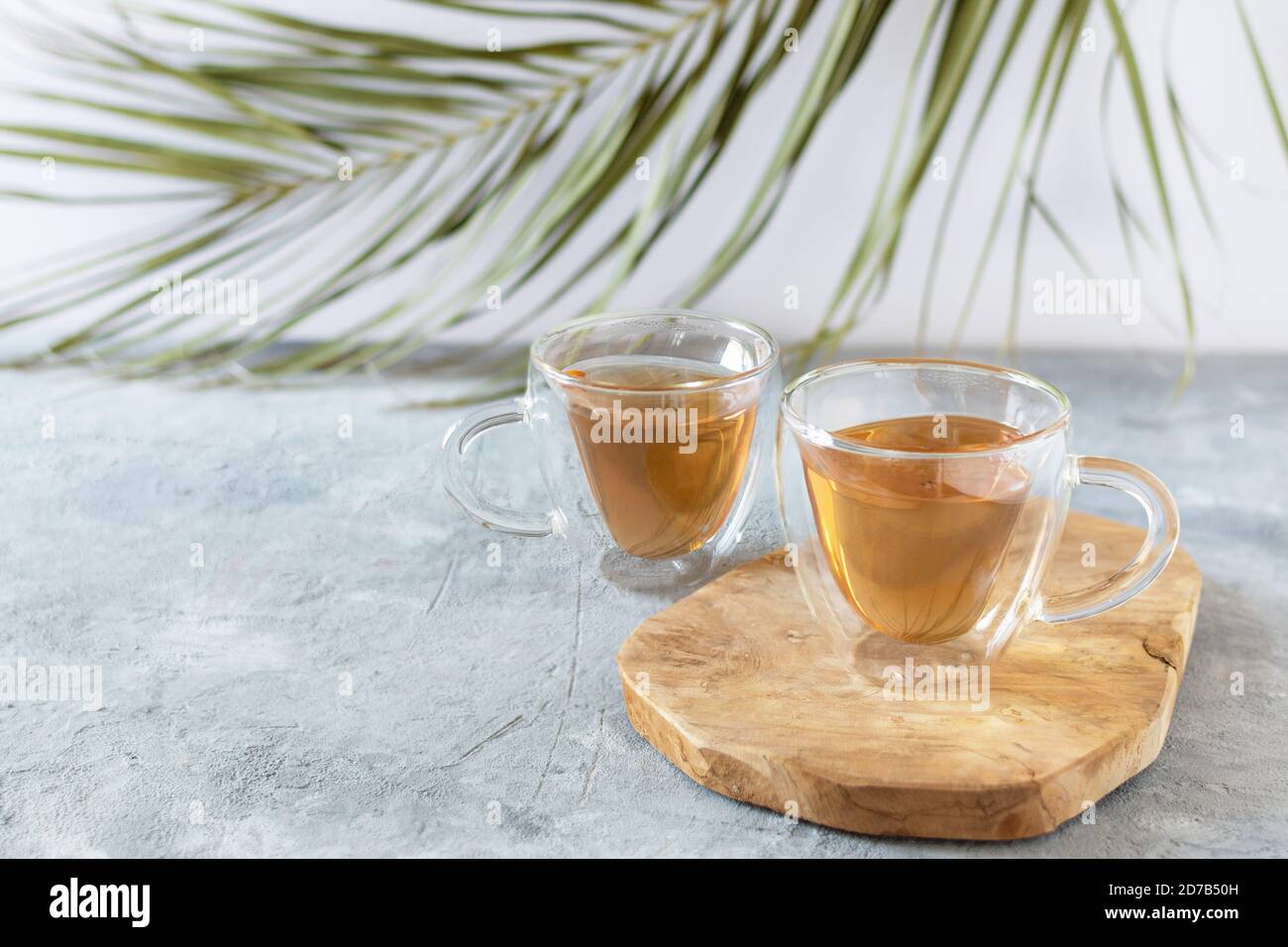 Glass two tea cups on gray concrete table over white wall with palm ...