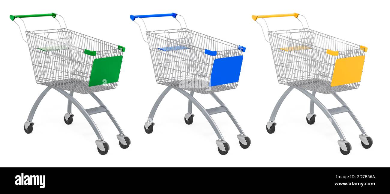 Set of colored shopping carts, 3D rendering isolated on white ...