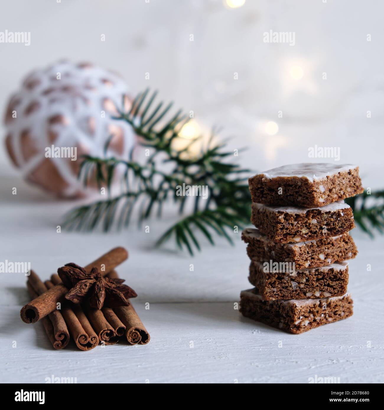 Advent and Christmas mood, honey cake stacked, beautifully decorated on ...