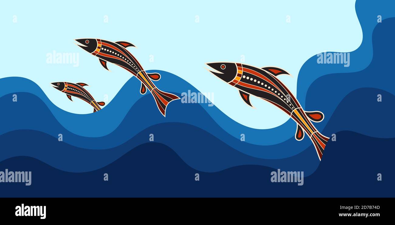 Abstract background, poster, banner with three fish jumping out of the ...