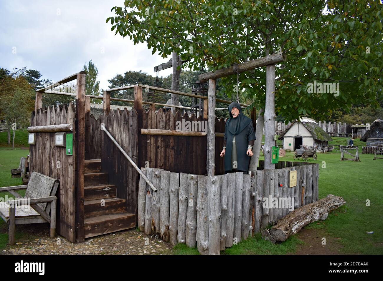 The wooden gallows featuring a dummy model of a man being hung at ...