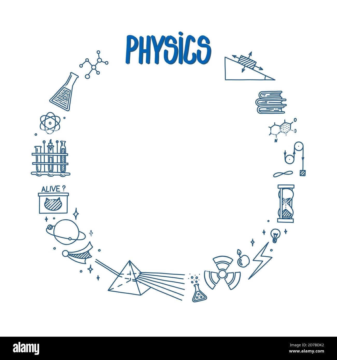 Physics doodle with light prism, books, atom. Circle frame with hand ...