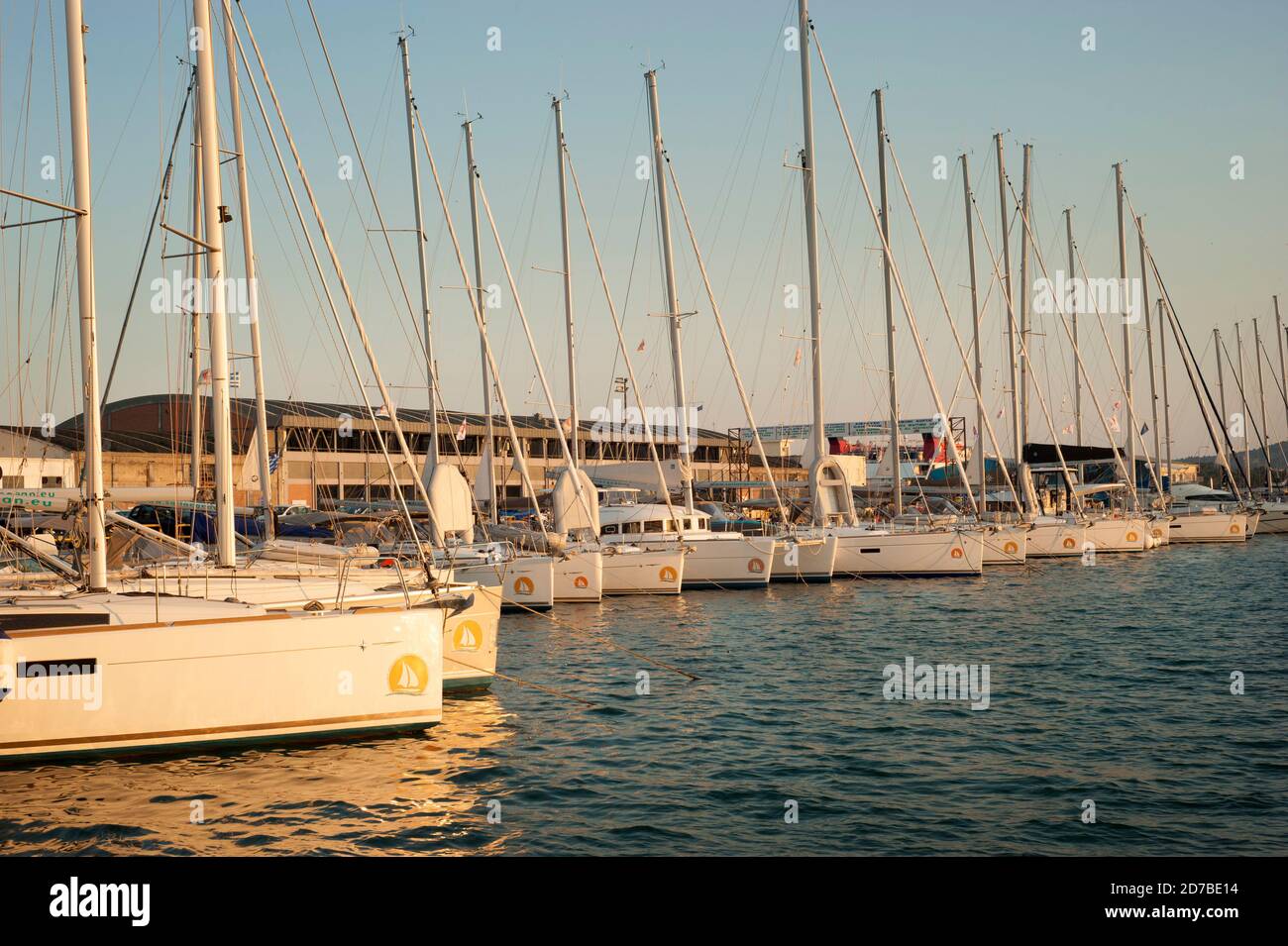 Sailboats docked and moored in the marina, Volos, Greece Stock Photo ...