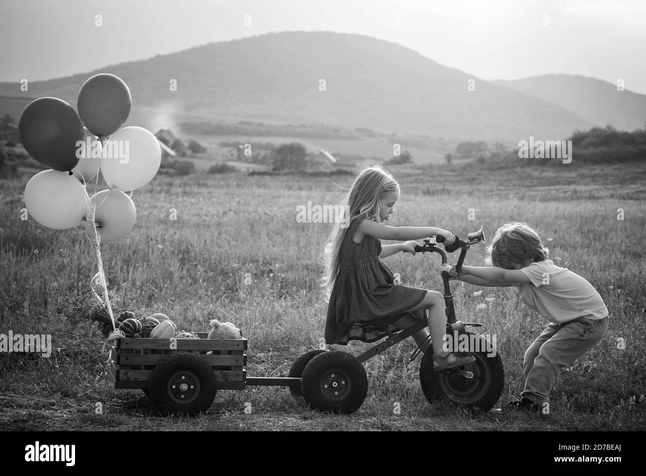 Childhood concept. American farm life. Springtime on the ranch. Two ...