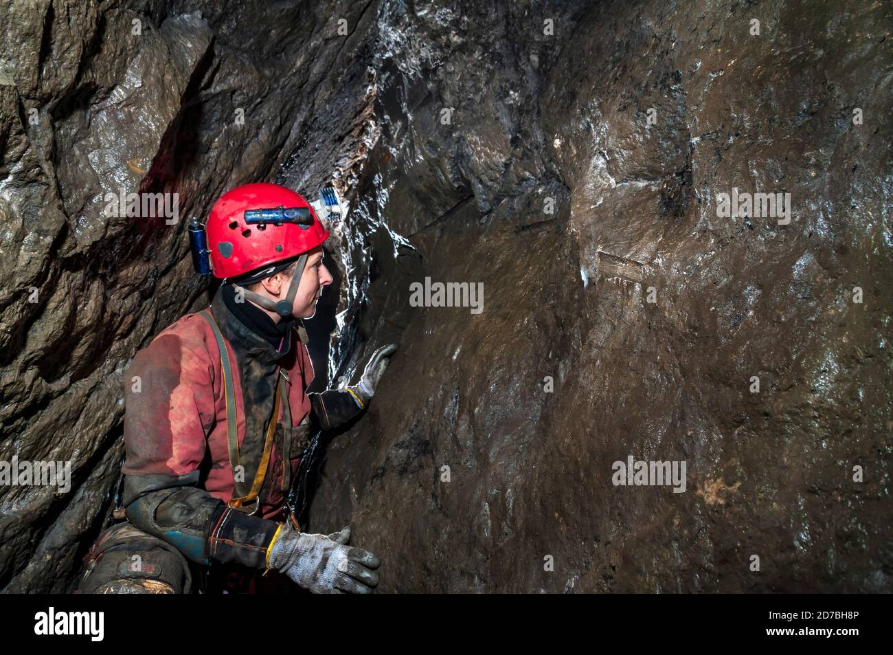 Ancient miners' gunpowder shotholes in the wall of a narrow passage ...