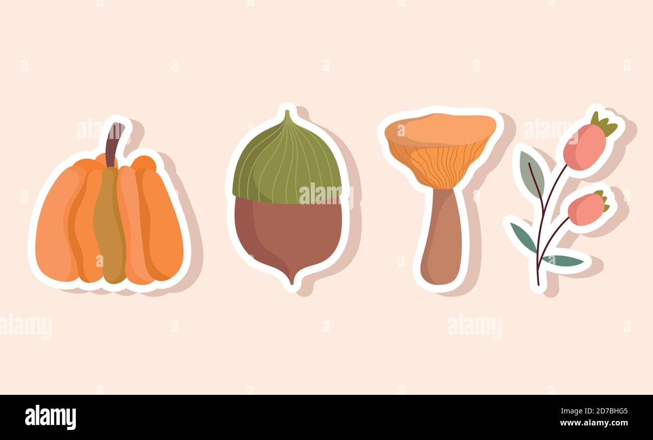 happy thanksgiving decoration pumpkin acorn mushroom and flower icons ...