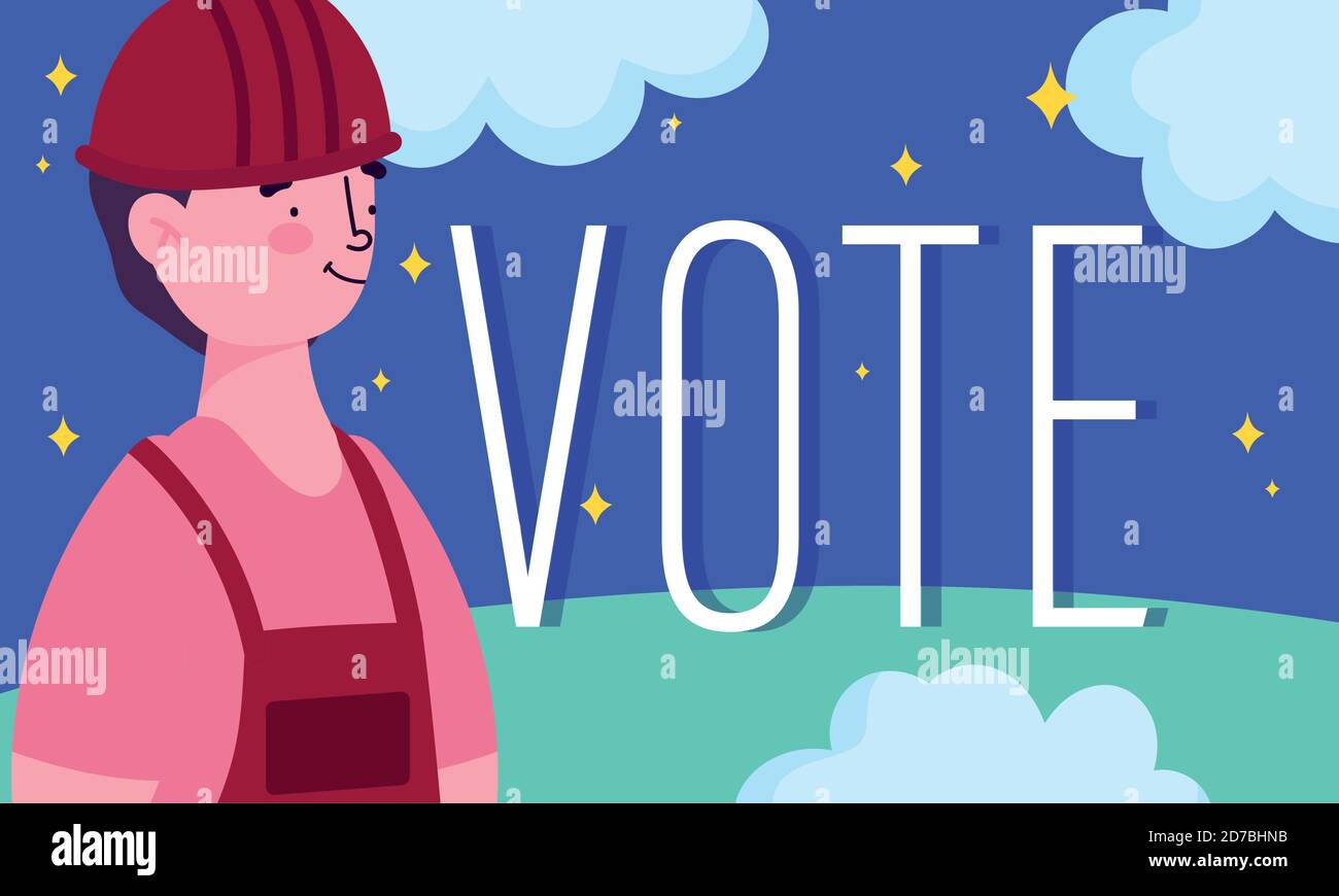 voting and election concept, cartoon man worker with vote word vector ...