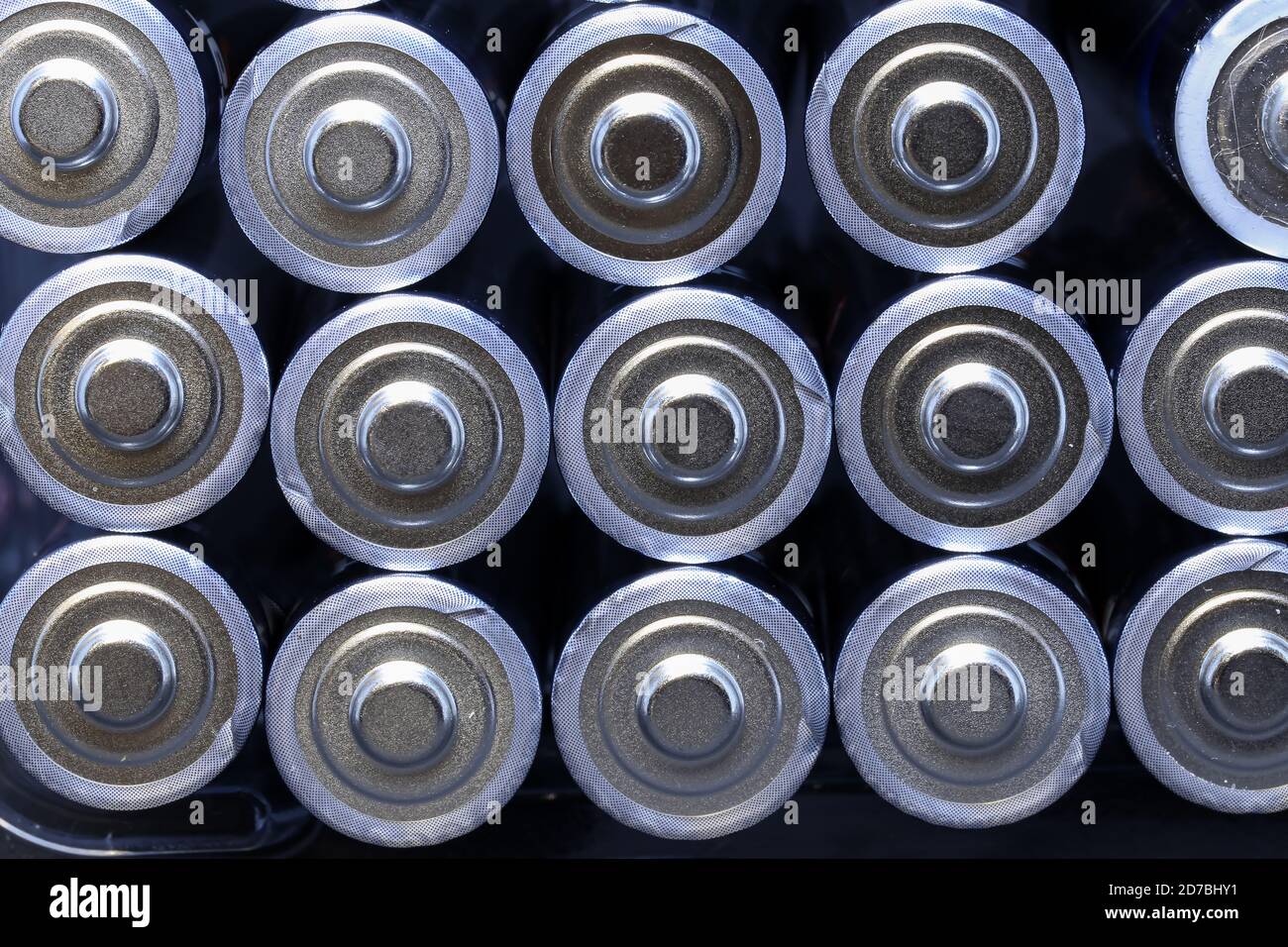 Closeup of several new alkaline batteries in one size in rows Stock ...