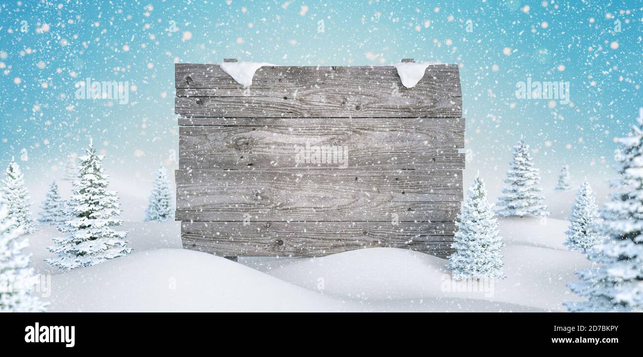 Christmas tree in winter landscape outdoors falling snow with copy ...