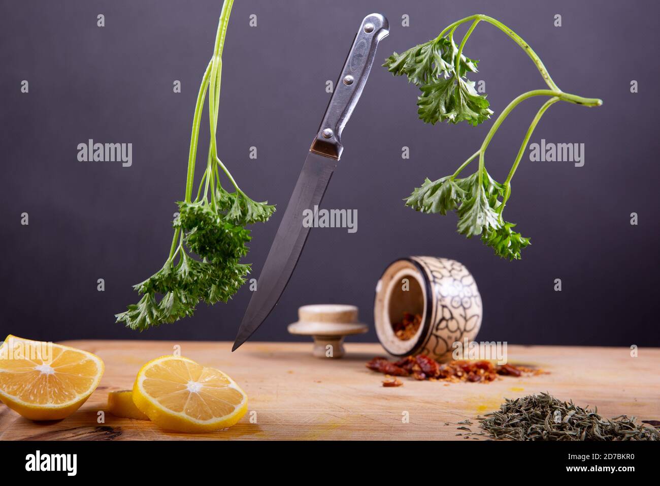 Creative image of fresh seasoning being prepared in a kitchen Stock ...
