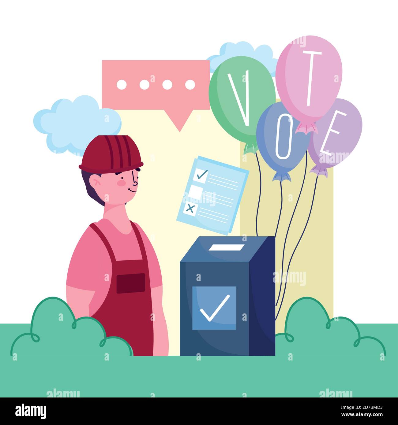 voting and election concept, worker with vote box and balloons vector ...