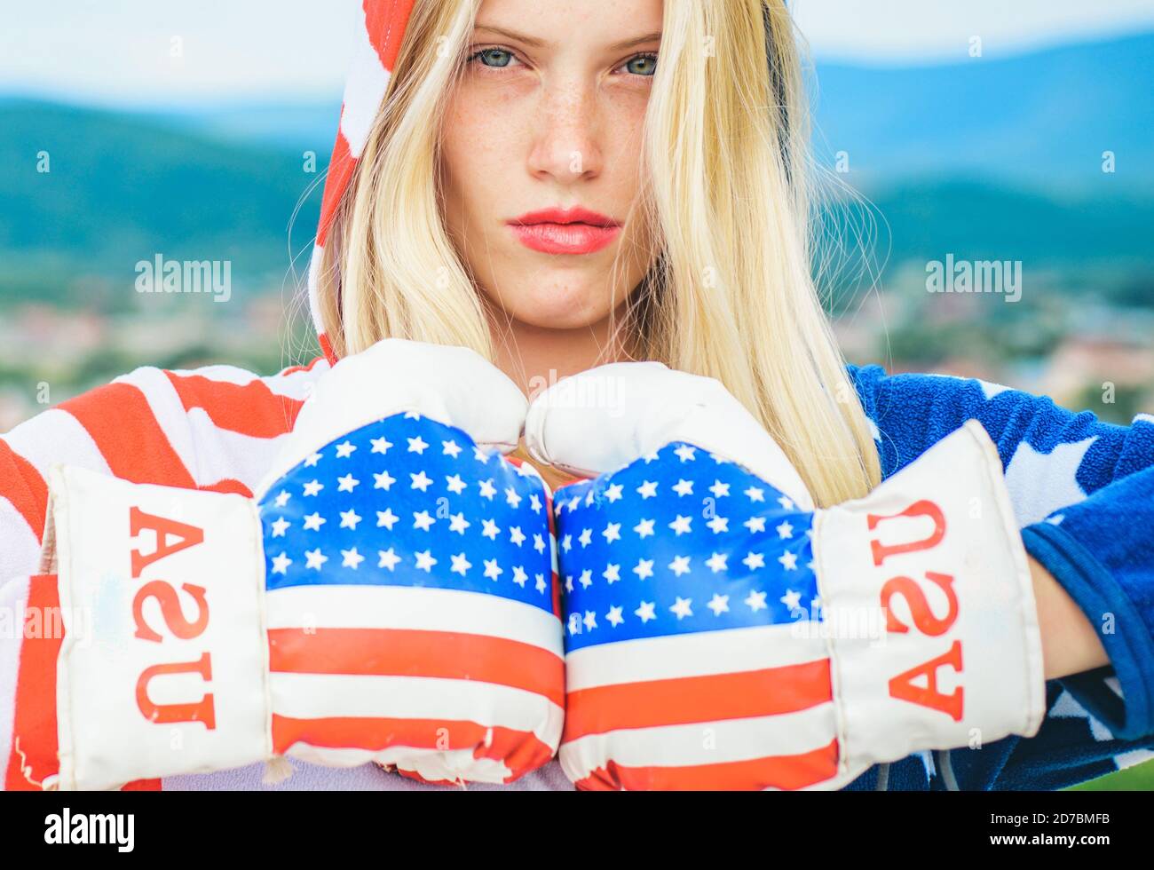American boxer. USA flag - woman showing american flag on boxing glove ...