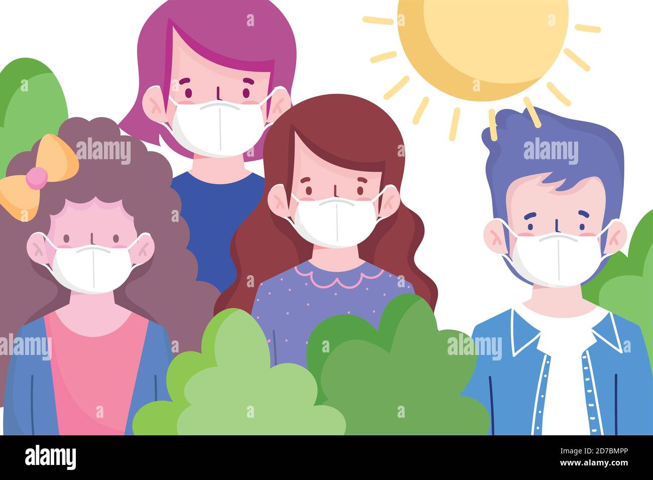 new normal, people young with masks cartoon in the park vector ...