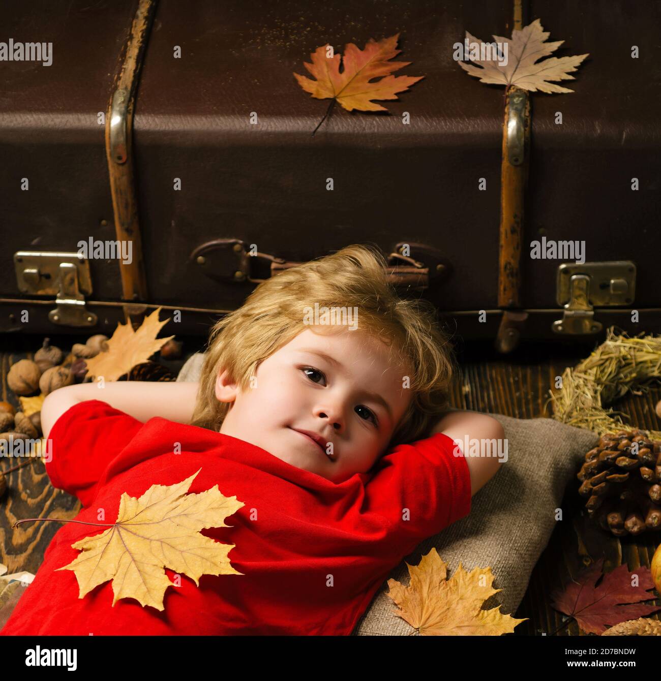 Blonde little boy resting with leaf on stomach lies on wooden floor in ...