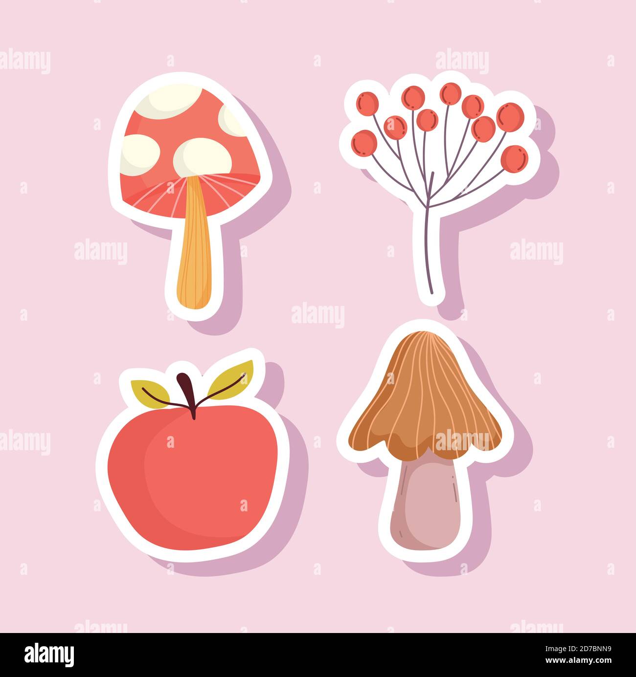 happy thanksgiving apple mushrooms berries branch icons sticker vector ...