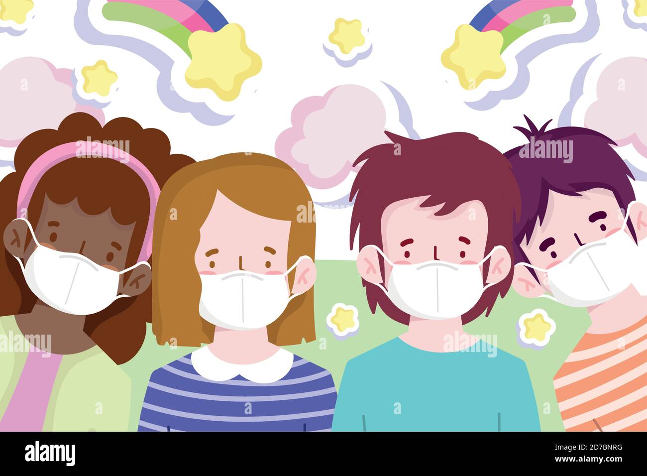 new normal, boys and girls with masks prevention disease cartoon vector ...