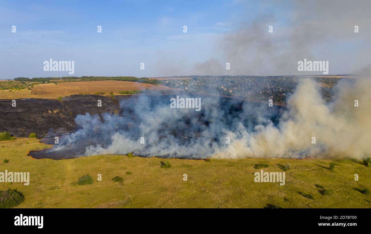 Forest fire aerial view, wildfire after dry summer season, burning ...
