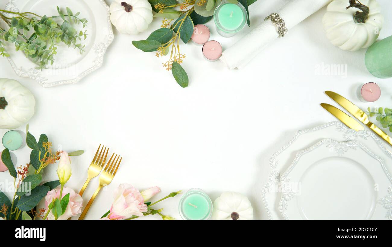 Happy Thanksgiving table setting with white vintage style plates, gold ...