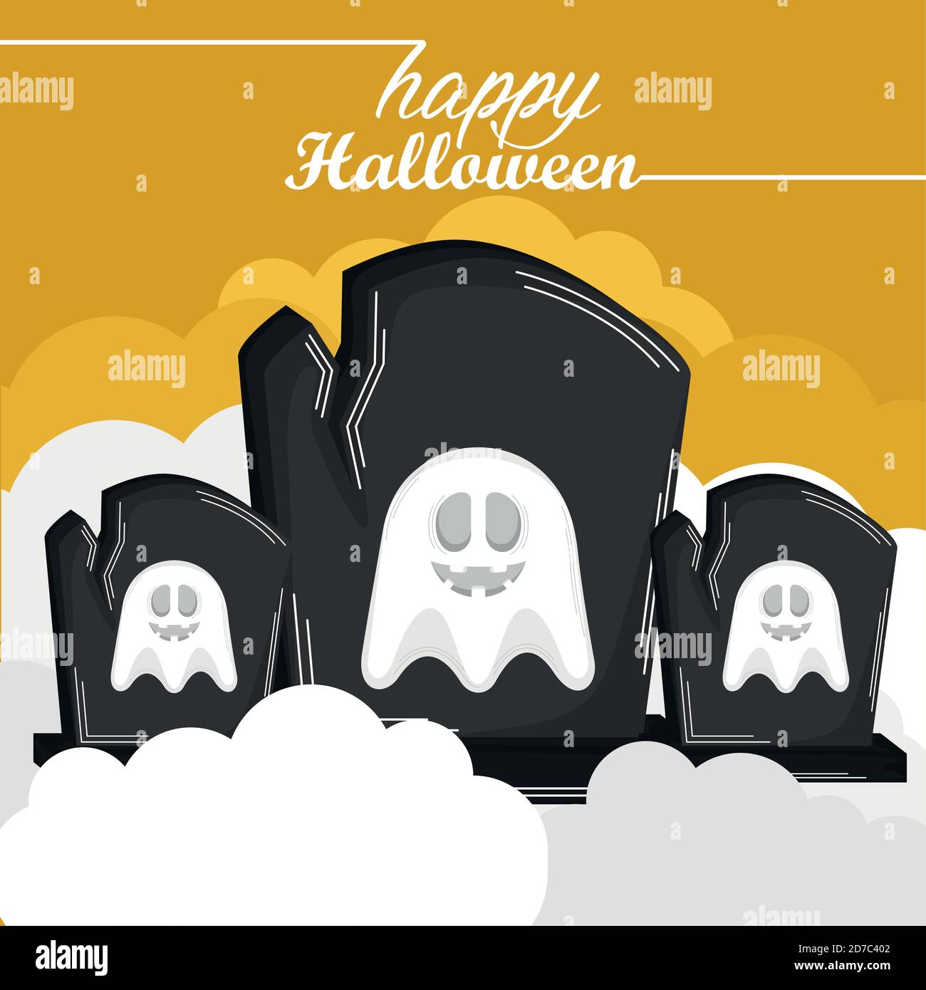 Tombstone and ghosts. Happy halloween card - Vector illustration Stock ...
