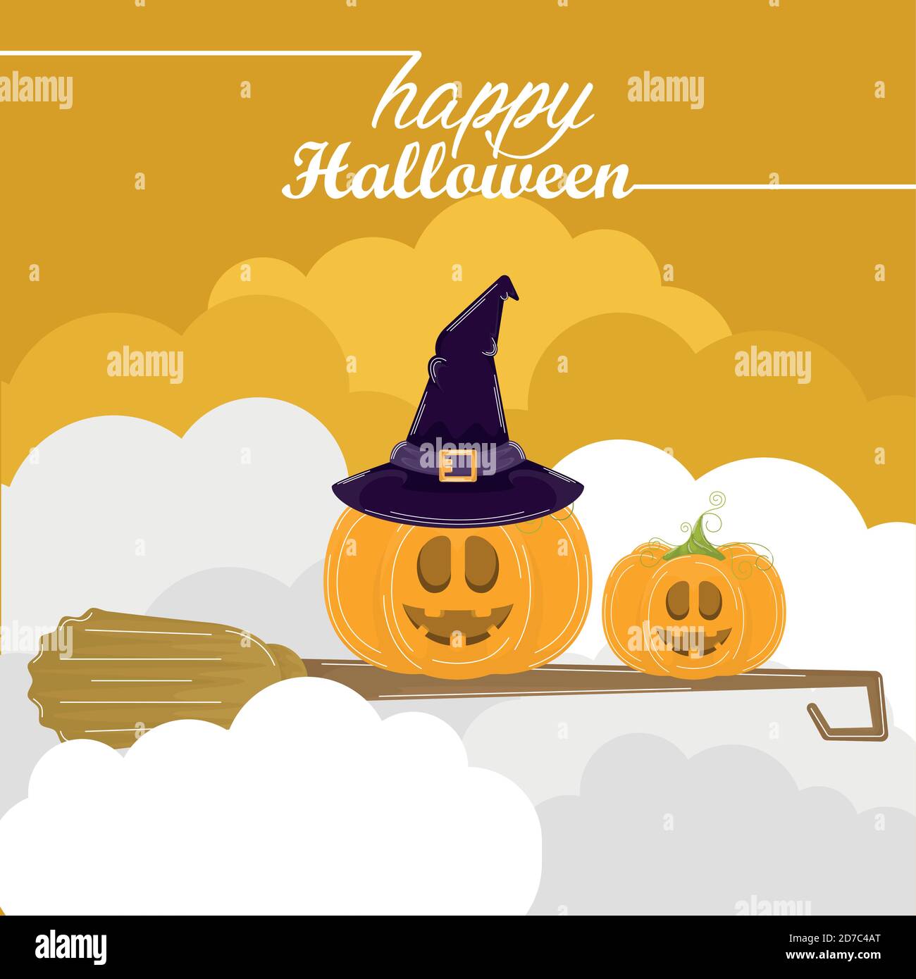 Halloween pumpkins in a witch broom. Happy halloween card - Vector ...