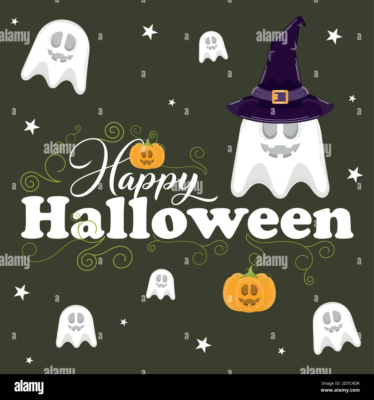 Ghosts, halloween pumpkins and witch hat. Happy halloween card - Vector ...