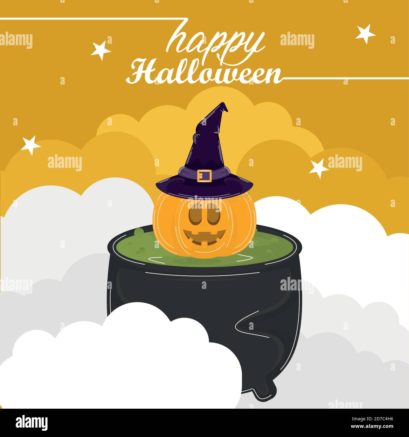 Witch pot and halloween pumpkin. Happy halloween card - Vector ...