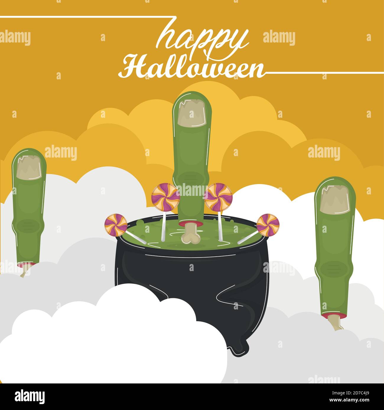 Witch pot with zombie fingers. Happy halloween card - Vector ...
